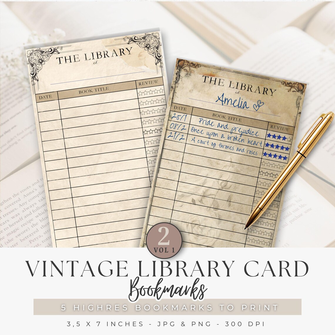 Printable Bookmark Library Card Vintage Reading Log Book Review, Gift ...