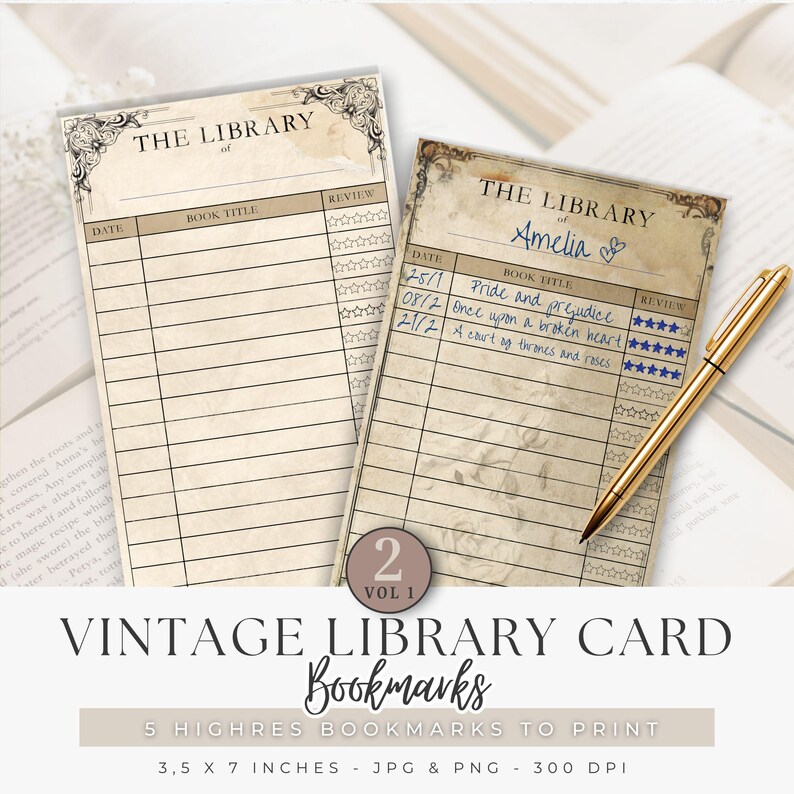 Printable Bookmark Library Card Vintage Reading Log Book Review, Gift ...