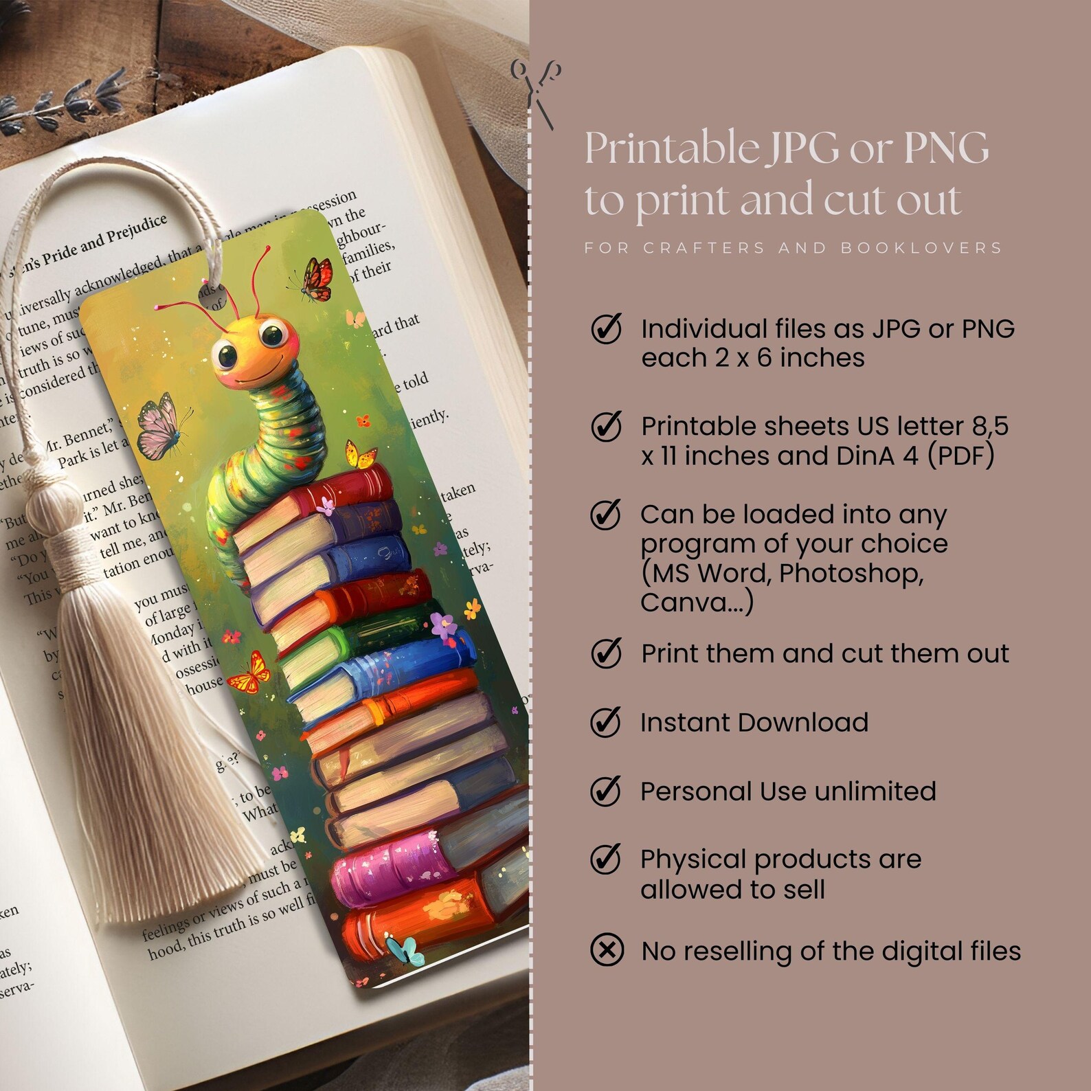 Whimsical Bookworm Printable Bookmark Gift for Booklovers Printable PNG ...