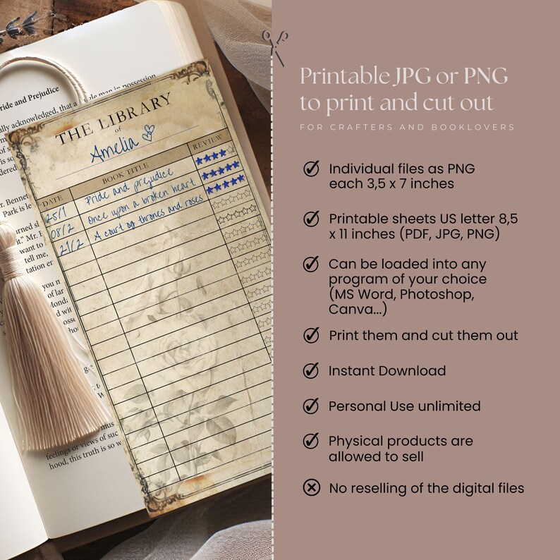 Printable Bookmark Library Card Vintage Reading Log Book Review, Gift ...