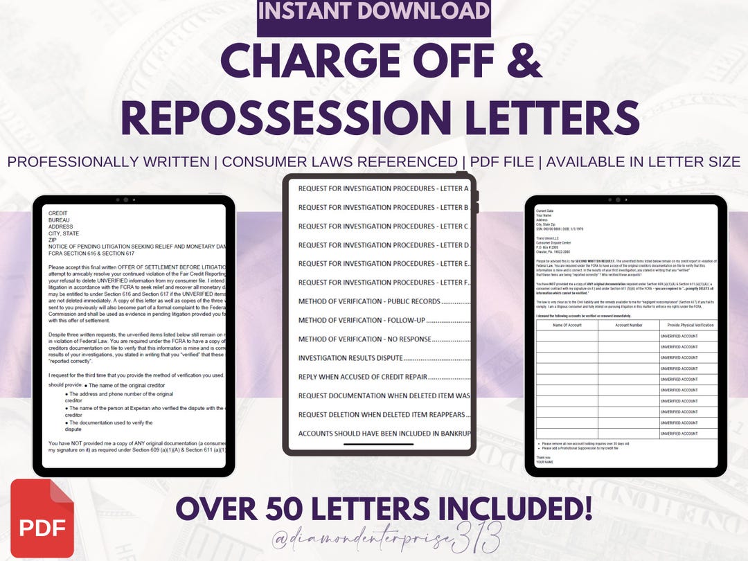 Dispute Letters for Charge off and Repossession, DIY Credit Repair, Editable Dispute Letters ...