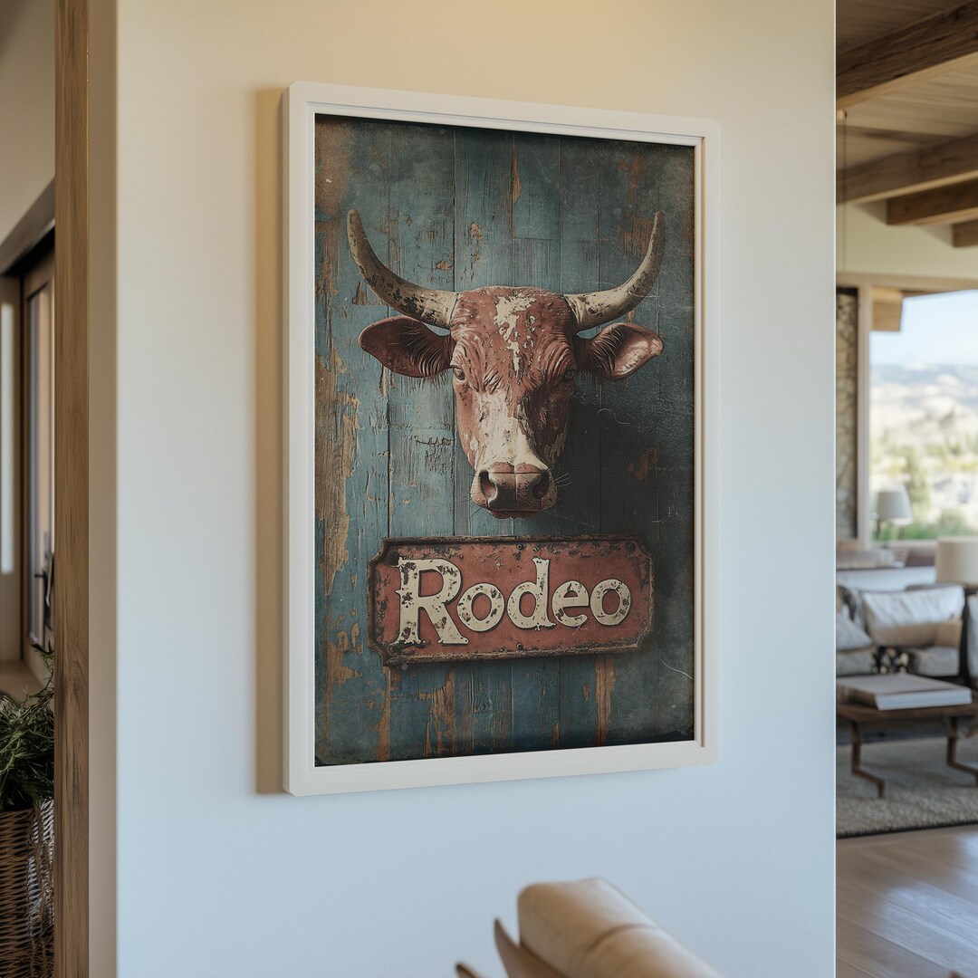 Vintage Rodeo Sign With Bull's Head Print, Western Wall Decor ...