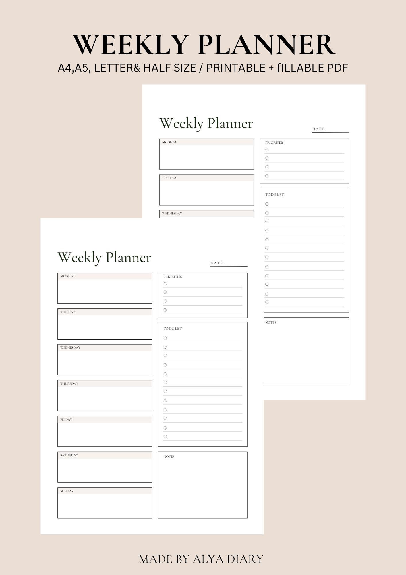 Simple Weekly Planner Printable and Minimal Weekly Planner, Weekly to ...