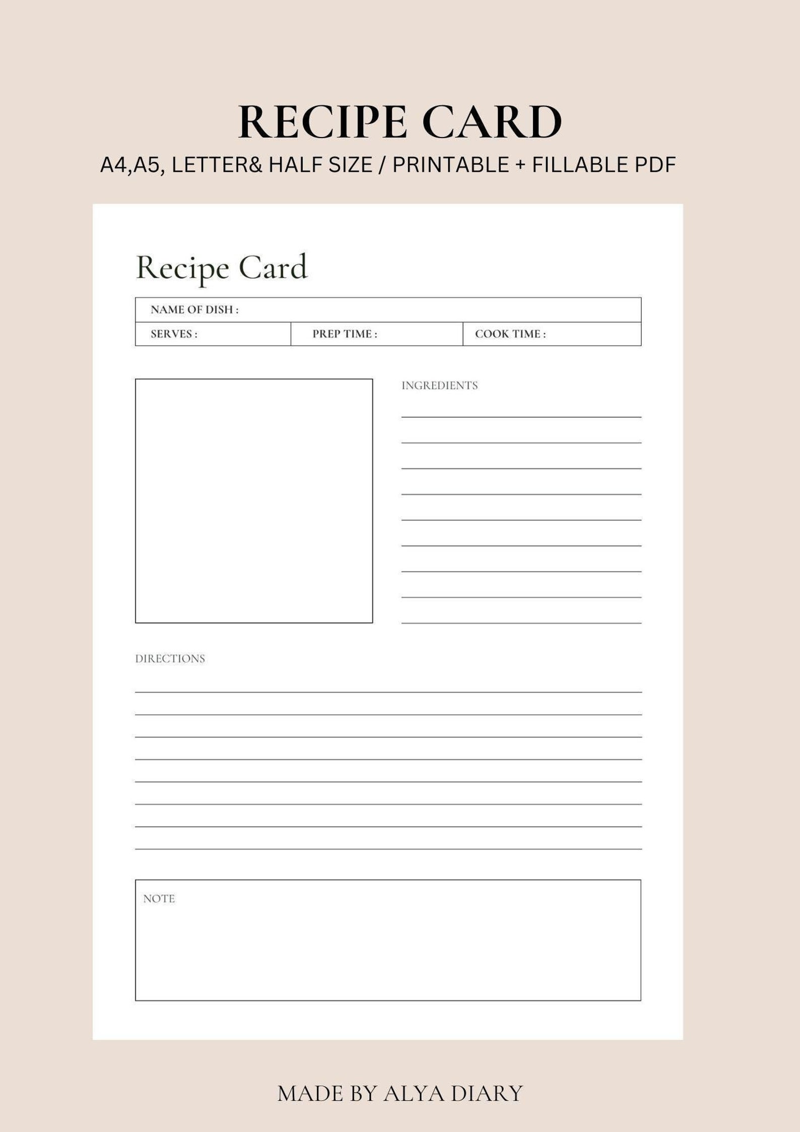 Simple Recipe Card Planner Printable and Minimal Recipe Card, Recipe ...
