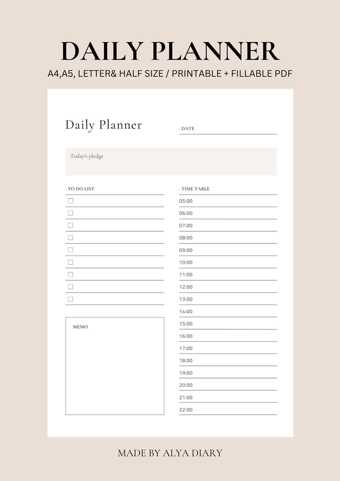 Simple Daily Planner Printable and Minimal Daily Planner, Daily to Do ...