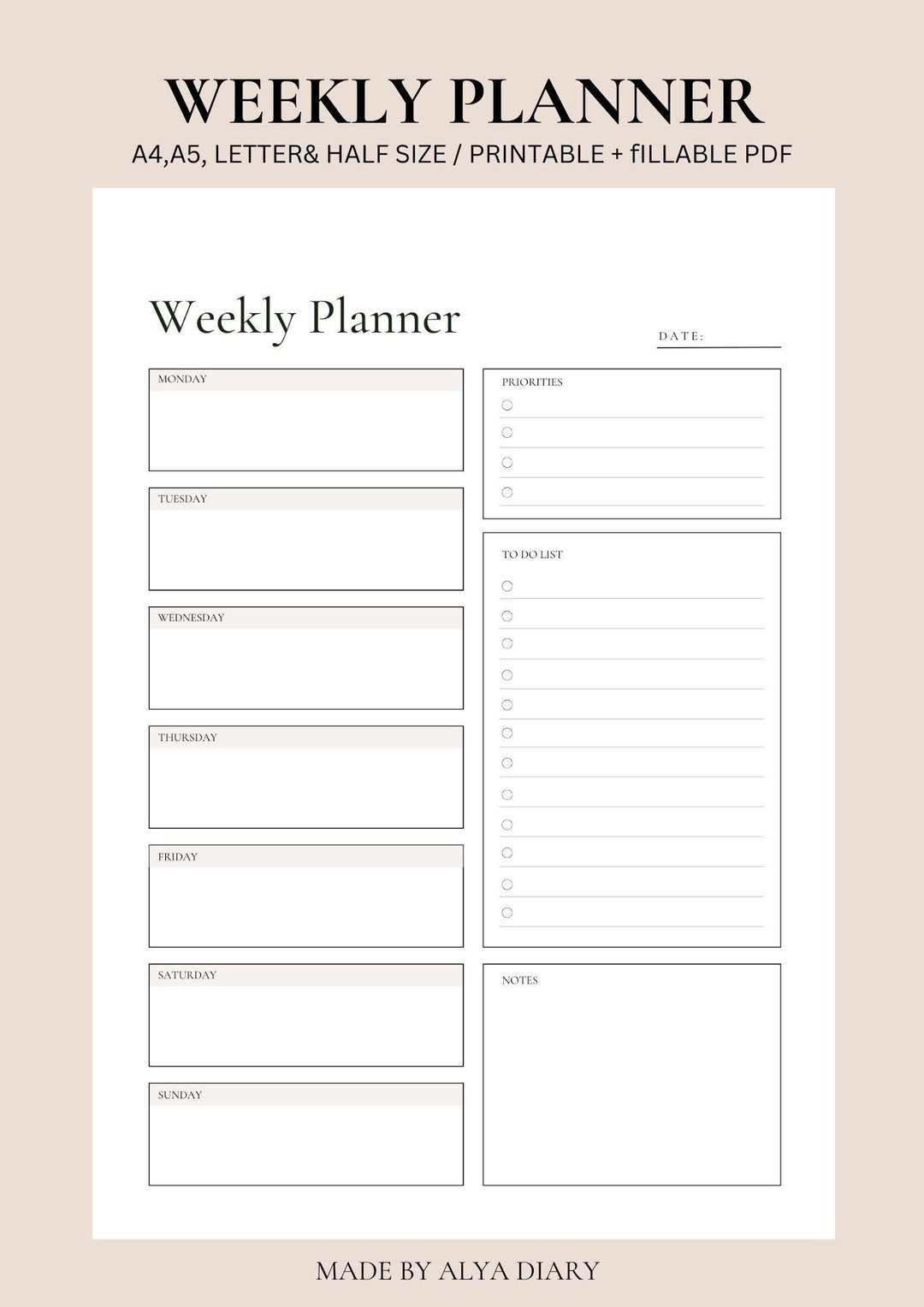 Simple Weekly Planner Printable and Minimal Weekly Planner, Weekly to ...