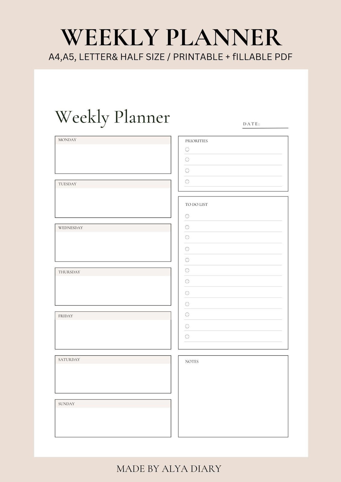 Simple Weekly Planner Printable and Minimal Weekly Planner, Weekly to ...