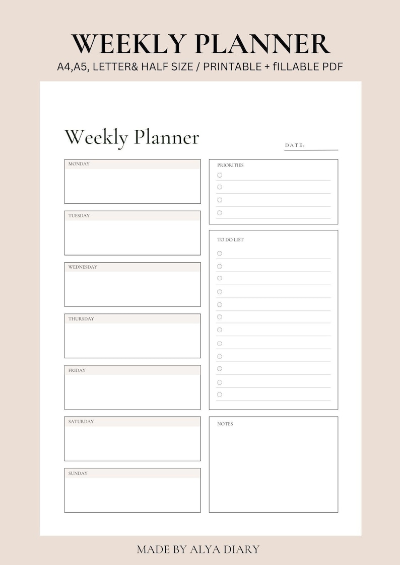 Simple Weekly Planner Printable and Minimal Weekly Planner, Weekly to ...