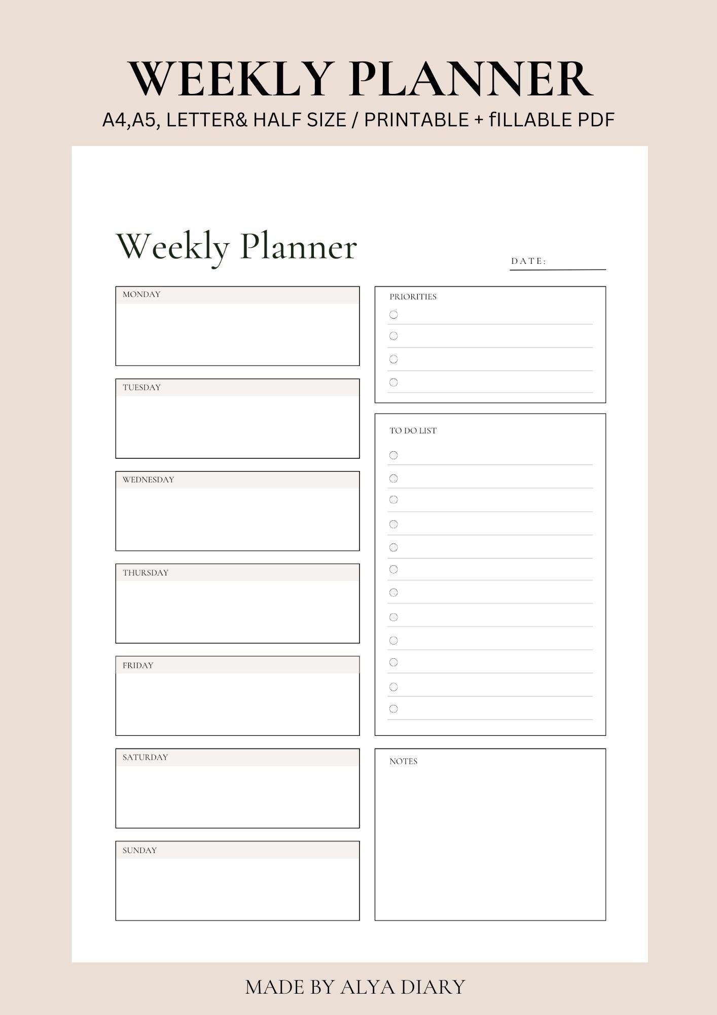Simple Weekly Planner Printable and Minimal Weekly Planner, Weekly to ...