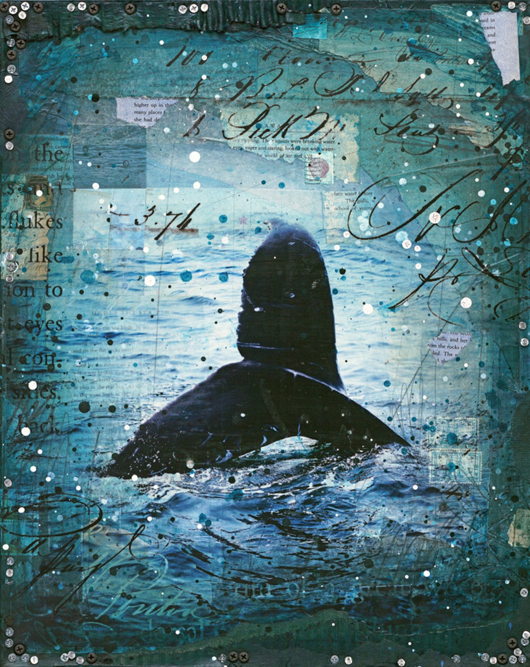 Into the Blue | Whale Art Print | Nautical Artwork | Mixed Media Ocean ...