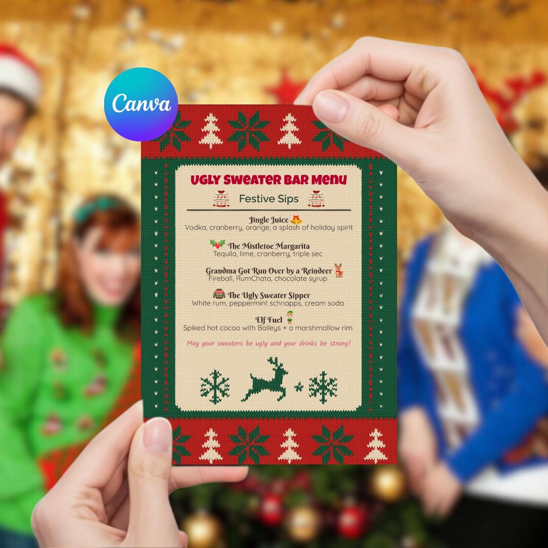 Ugly Sweater Bar Menu | 5x7 Christmas Drink Sign | Funny Holiday Party ...