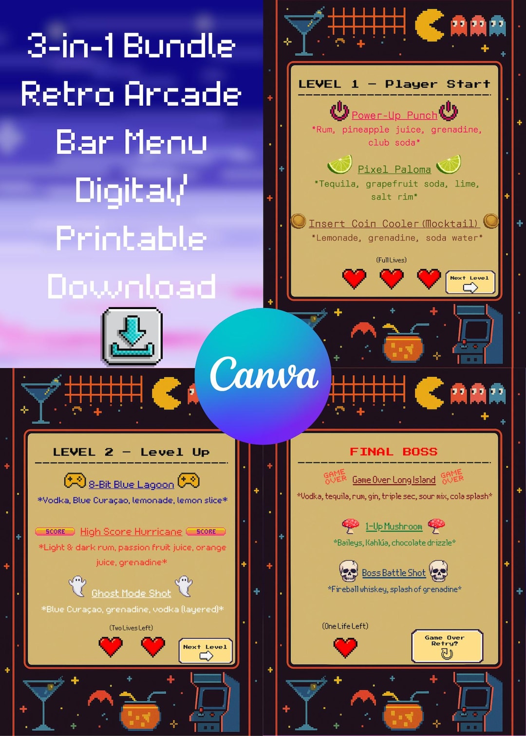Retro Arcade Bar Menu Bundle: Editable 80s 90s Game Theme (canva ...