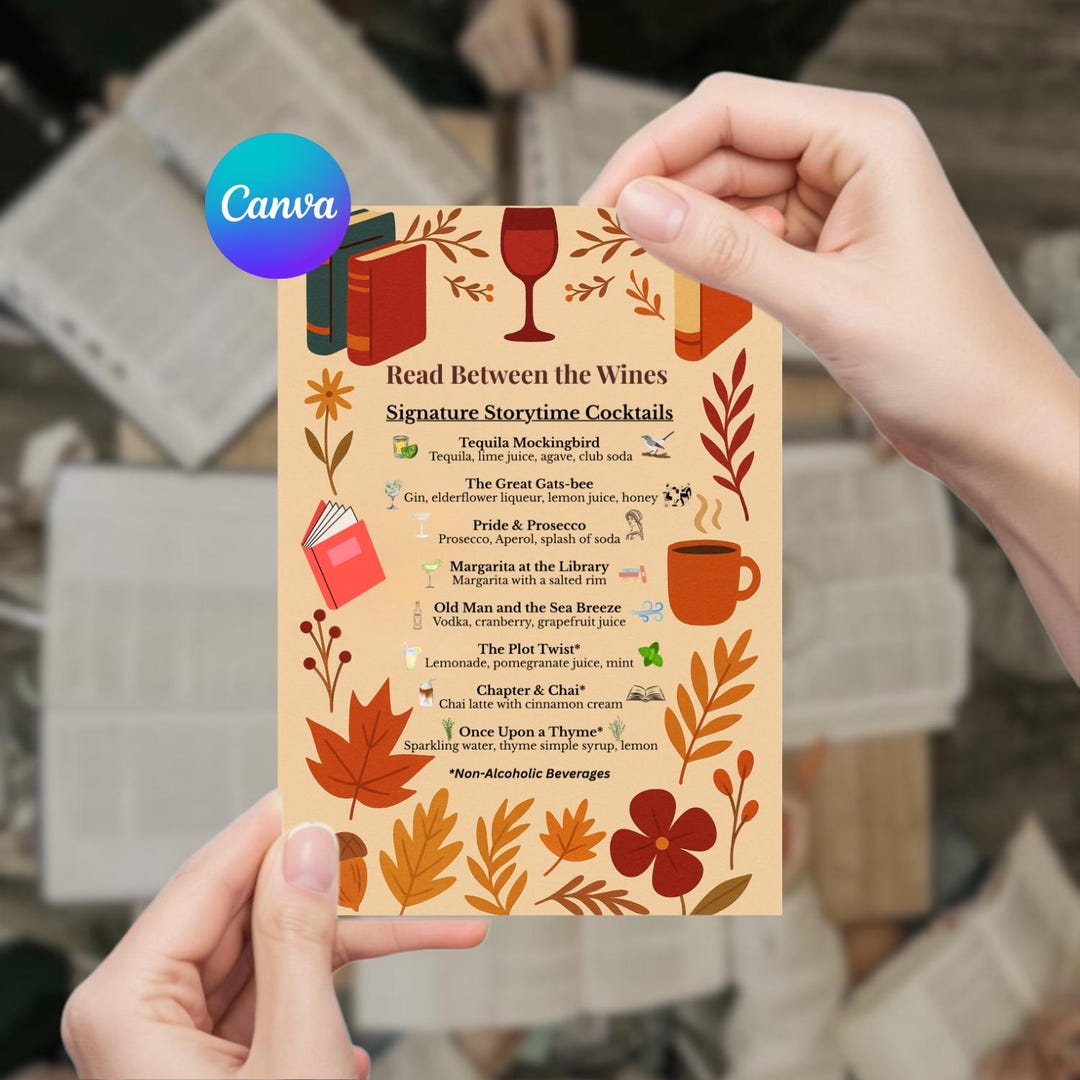 Book Club Drink Menu Template: Literary Cocktail Sign, Editable 5x7 ...