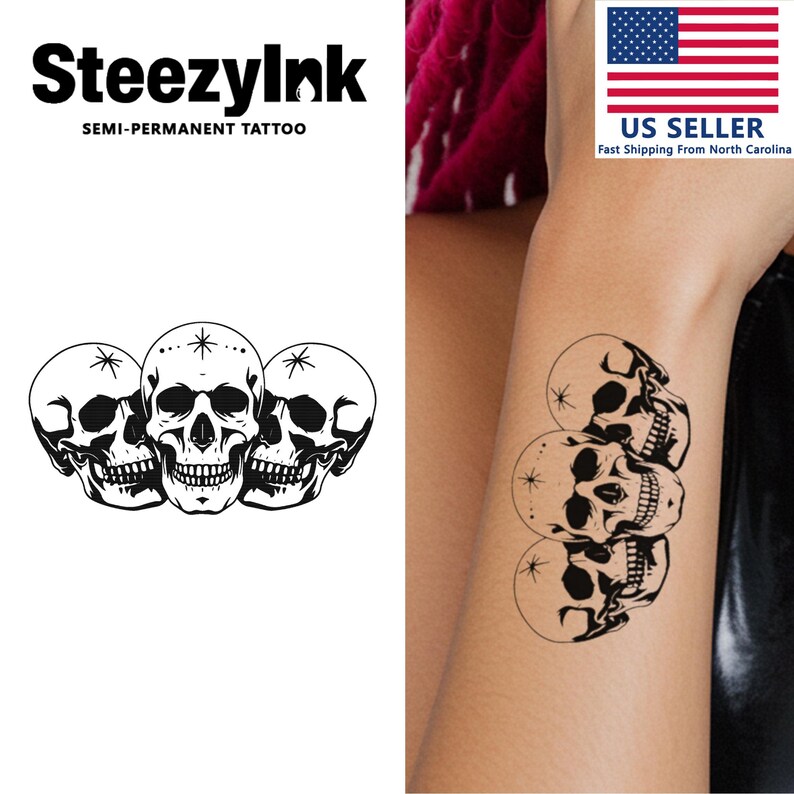 Steezyink Semi-permanent Tattoo Three Skulls Last Upto 2 Weeks 2 X 4 ...