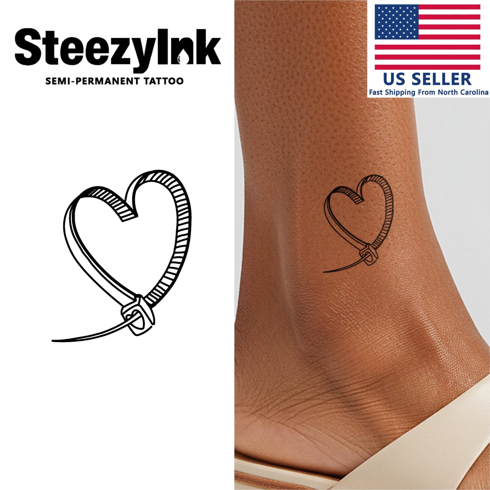 Steezyink Semi-permanent Tattoo Zip-tie Heart Last Upto 2 Weeks 2 X 2 ...