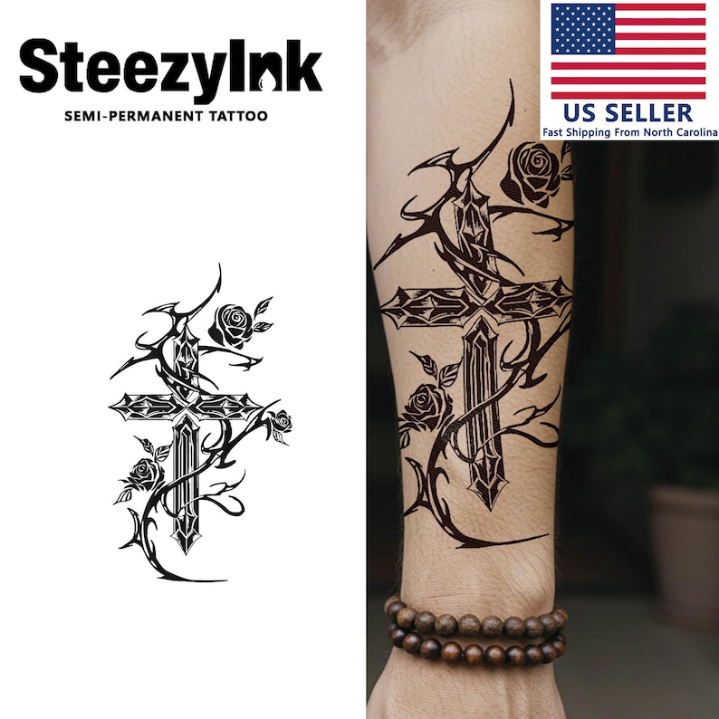 Steezyink Semi-permanent Tattoo Thorned Cross Last Upto 2 Weeks - Etsy
