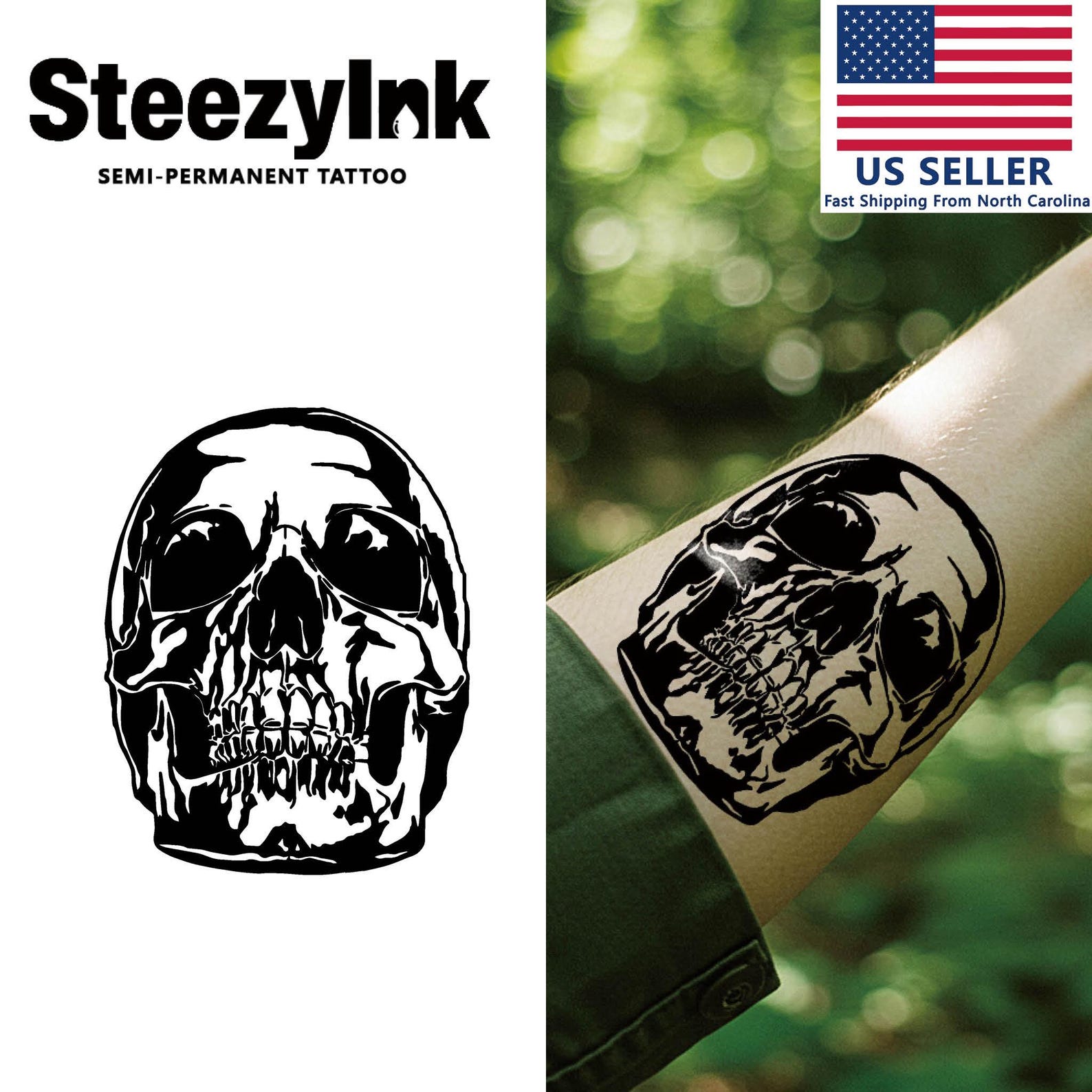 Steezyink Temporary Tattoo Shadow Skull Last Upto 2 Weeks 4 X 4 Inches ...