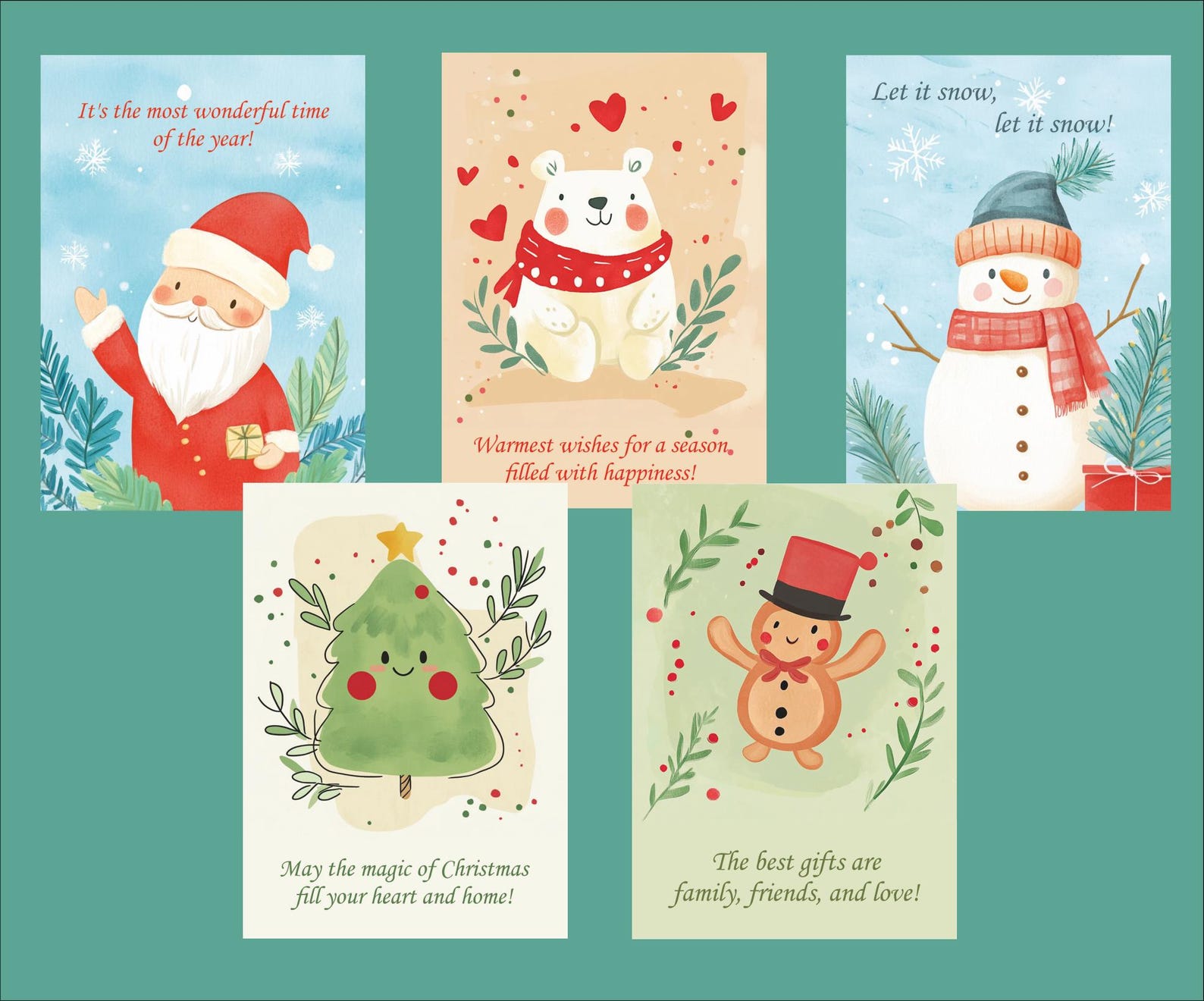 Printable Christmas Cards: Festive Holiday Greetings, Set of 5 (digital ...