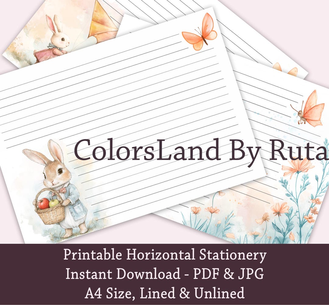 Horizontal Paper With Spring Bunny and Flowers, Printable Horizontal ...