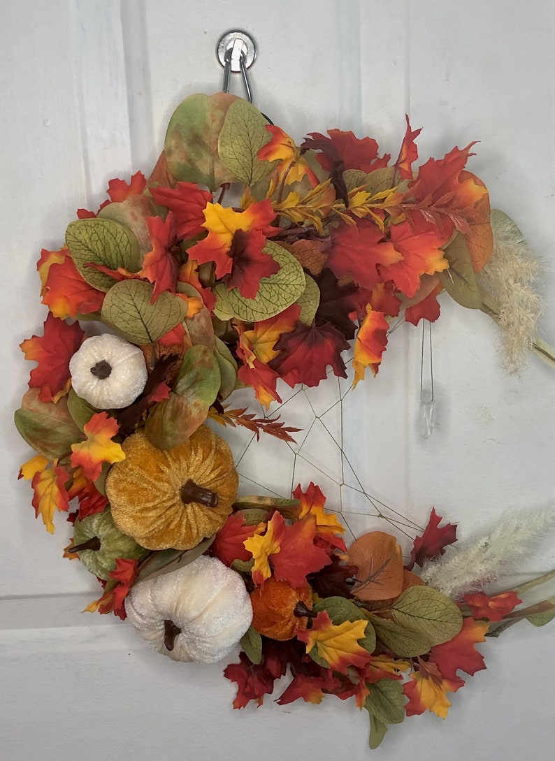 12” Fall Crescent Moon Dreamcatcher Wreath With Crystal and Pumpkins - Etsy