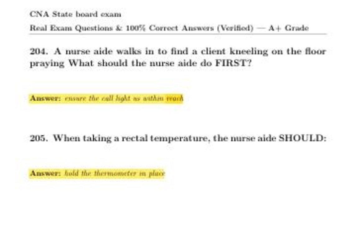 CNA State Board Exam: 205 Updated Questions & Verified Answers (PDF ...