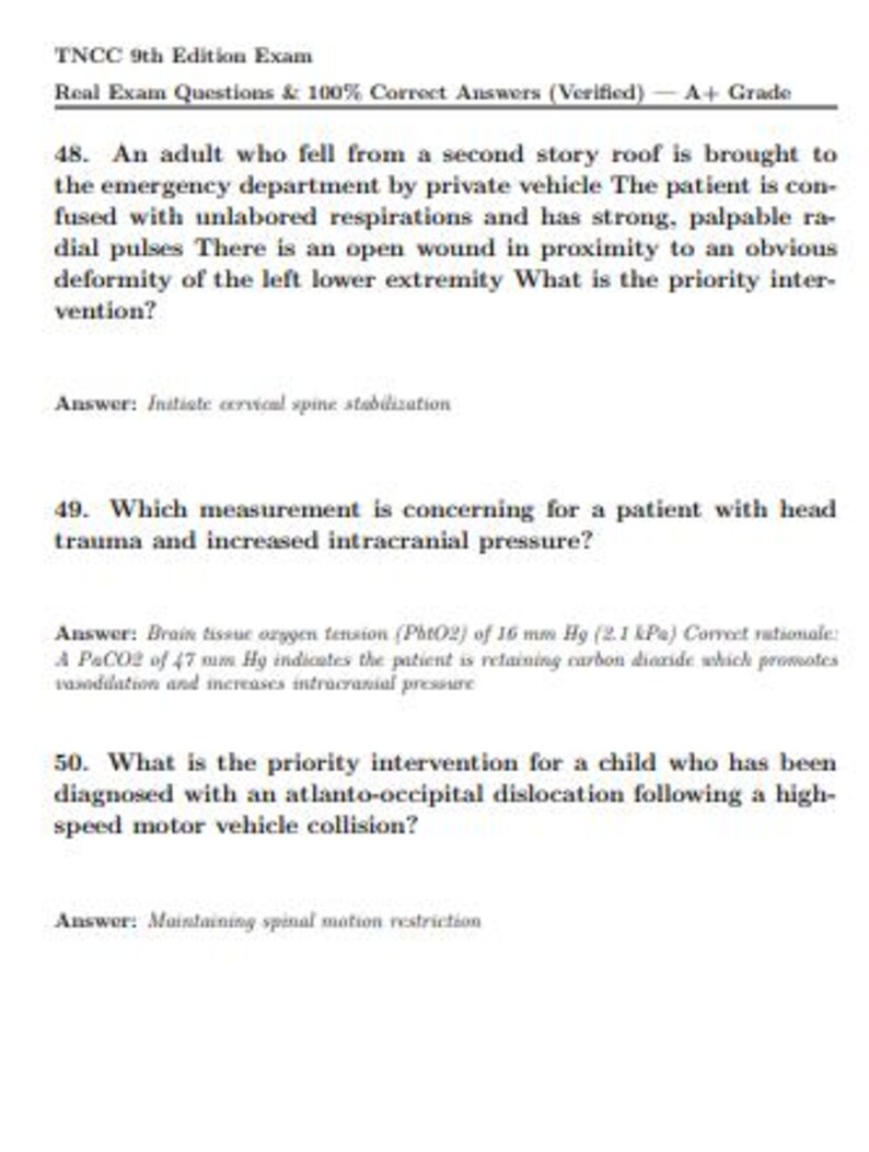 TNCC 9th Edition Exam | 50 Updated Questions With Detailed Verified ...