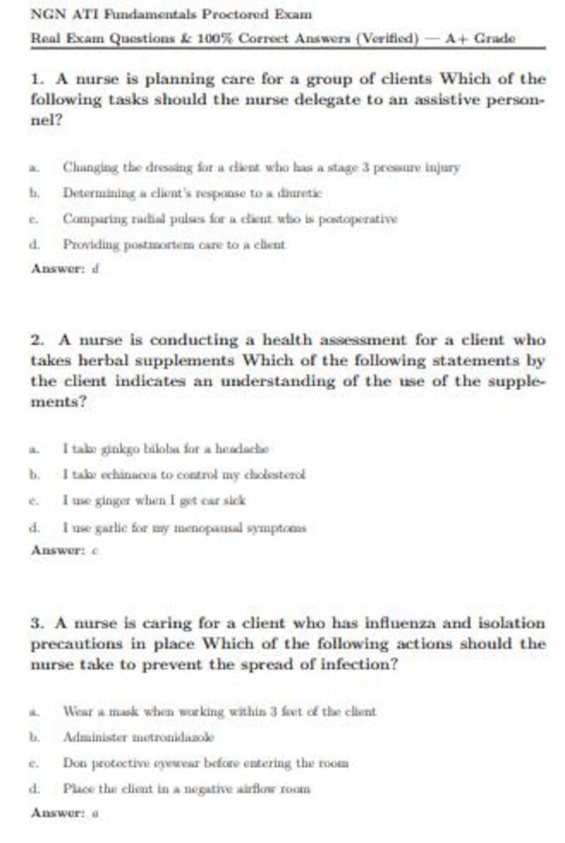 NGN ATI FUNDAMENTALS Proctored 20242025 Exam Retake Complete / Updated Questions With Verified ...