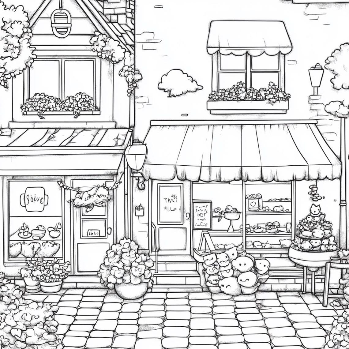 20 Kawaii Town Storefronts Coloring Pages for Adults, Printable ...
