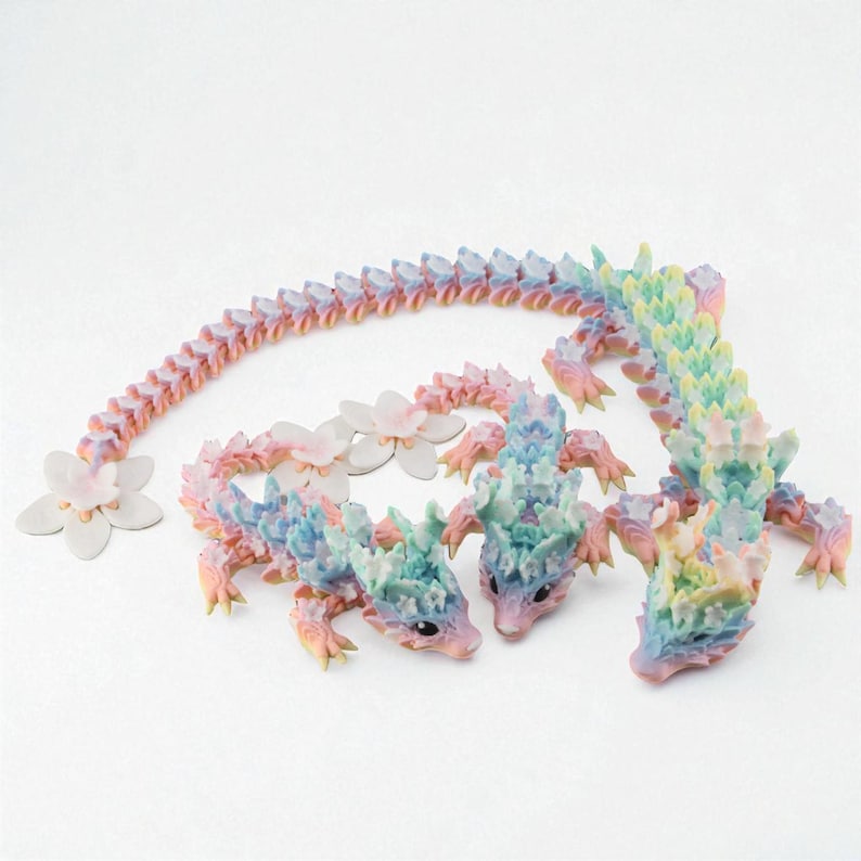 3D Printed Rainbow Blossom Dragon Set – 2 Baby Dragons & 1 Adult Mother ...