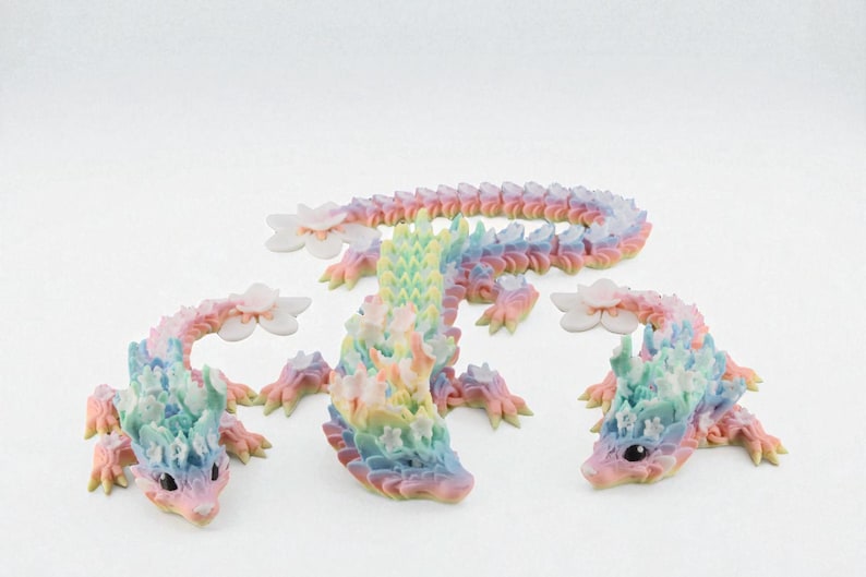 3D Printed Rainbow Blossom Dragon Set – 2 Baby Dragons & 1 Adult Mother ...
