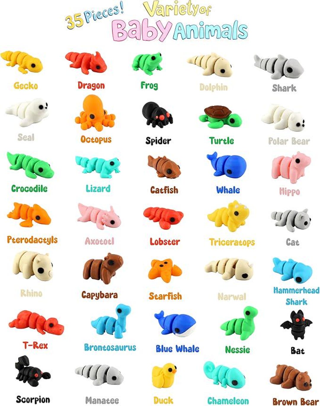 35 Pcs 3D Printed Animals Set, 2 Inches Mini 3D Printed Animals, Pocket ...