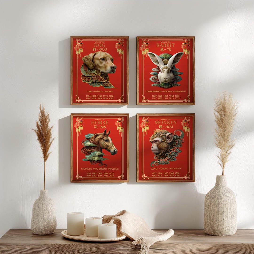 Set of 12 Chinese New Year Wall Art, Chinese Zodiac Bundle, Red and ...