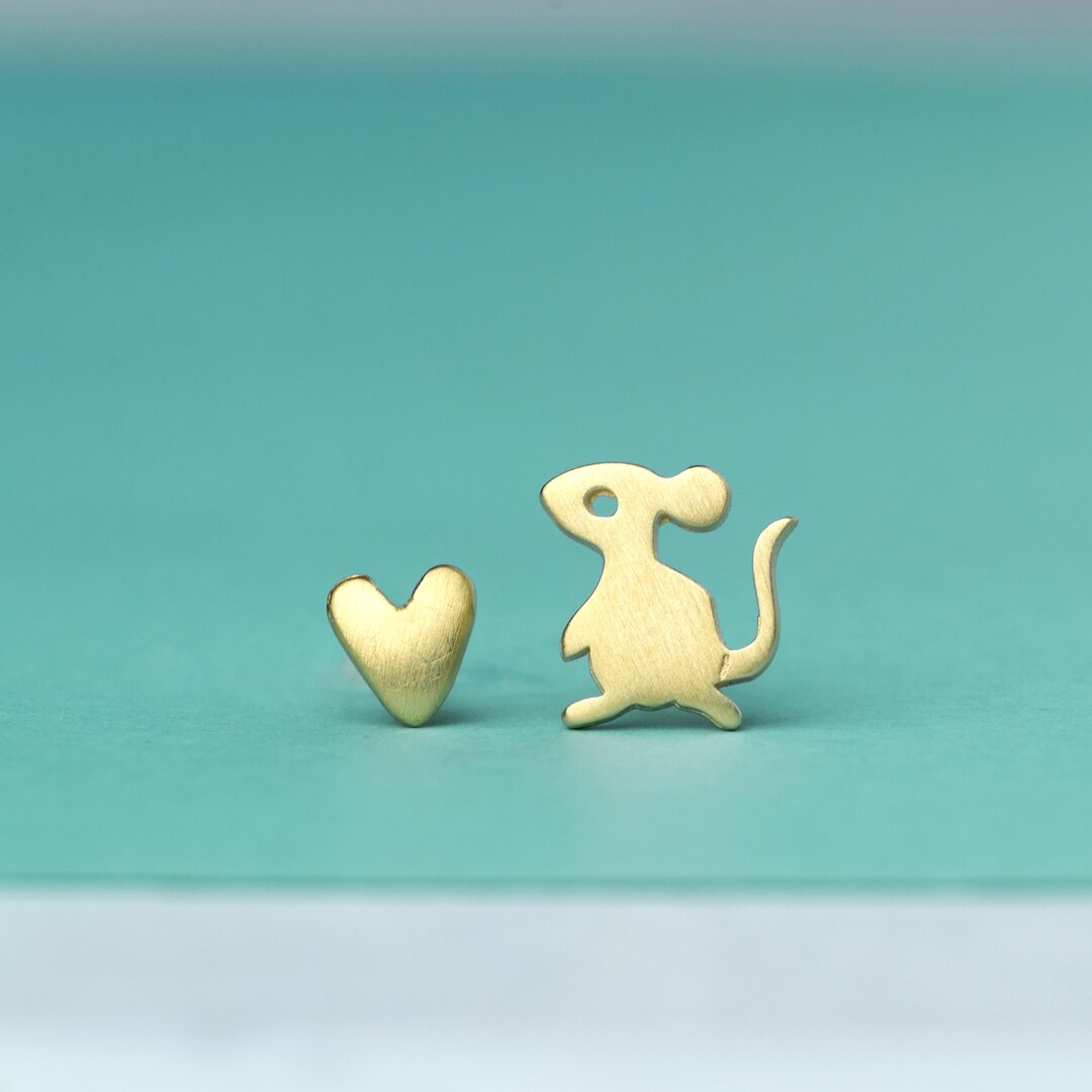 Solid Gold Tiny Mouse and Heart Earrings / Valentine Studs / Animal ...
