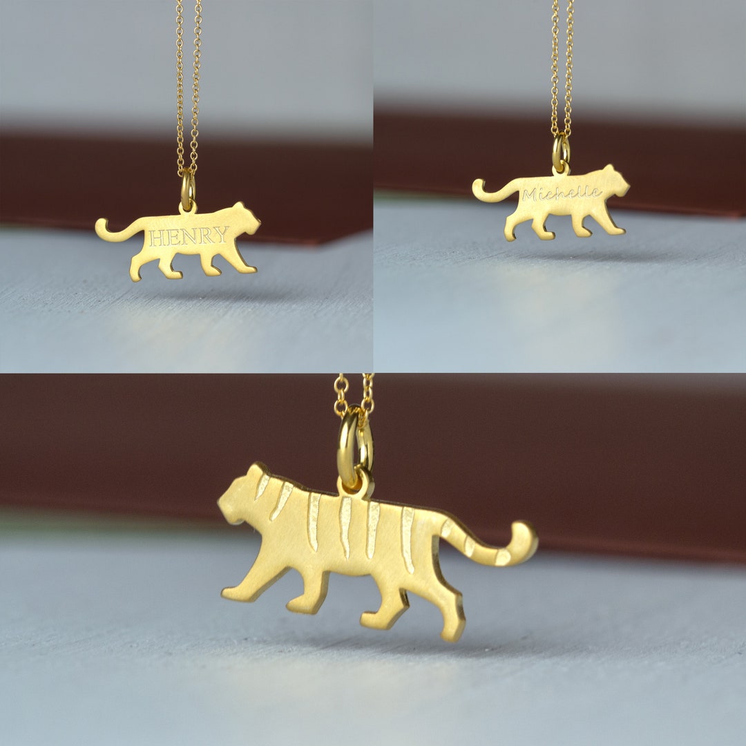 Personalized Solid Gold Tiger Pendant Necklace: Engraved Unisex Jewelry ...