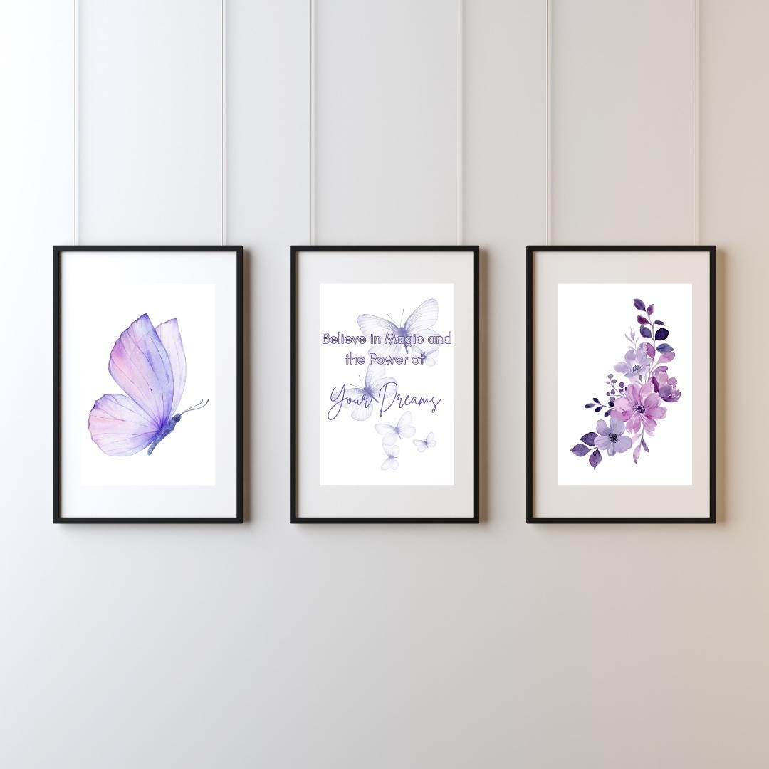 Purple Butterfly Poster Set to Print Set of 3 Wall Pictures 30 X 40 Cm ...