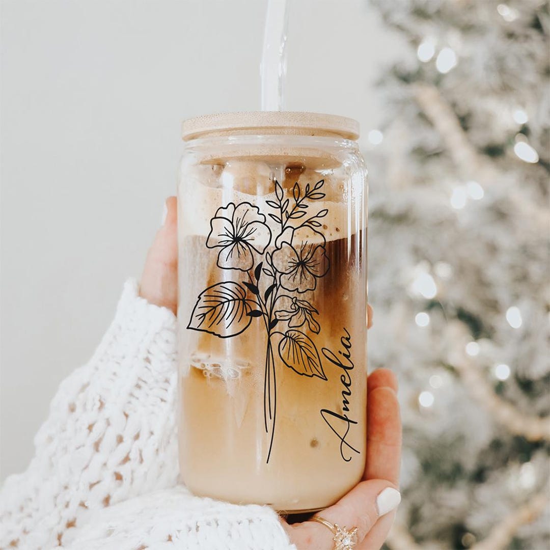 Personalized February Birth Flower Glass Cup, Custom Name Glass Tumbler ...