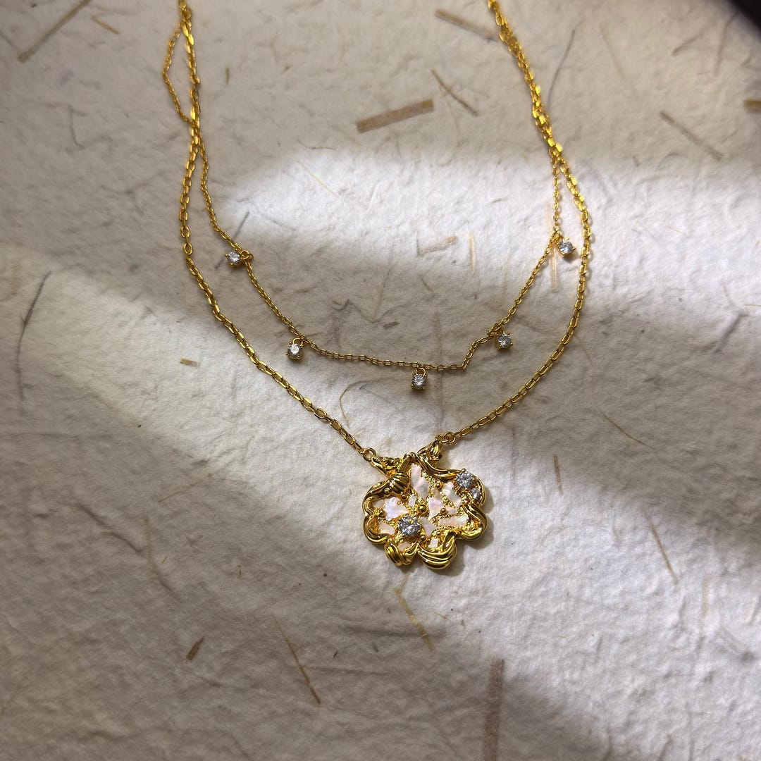 Gold Layered Necklace – Pink Blossom Shell & Crystals Zirconia Pendant ...