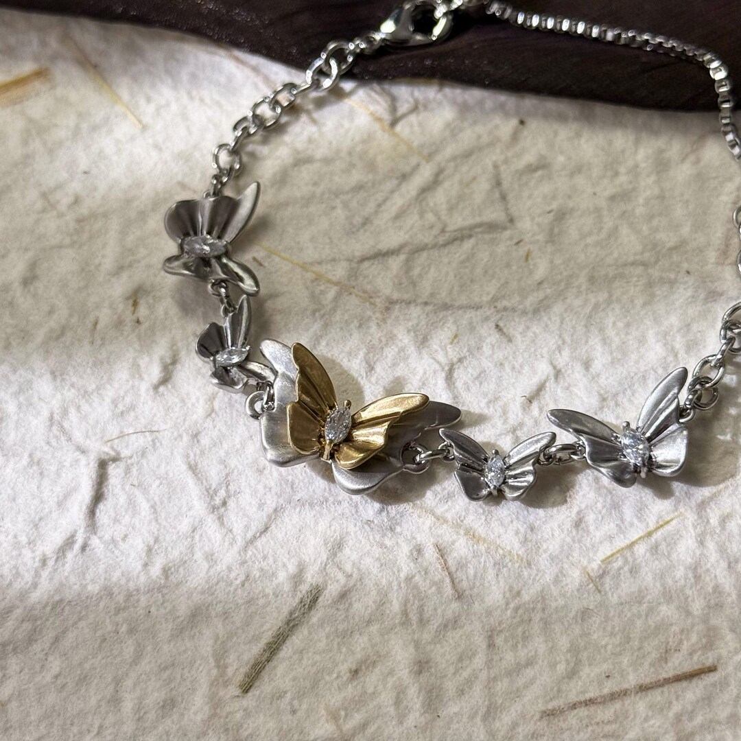 Two-tone Butterfly Link Bracelet – Silver & Gold Crystals Zirconia ...