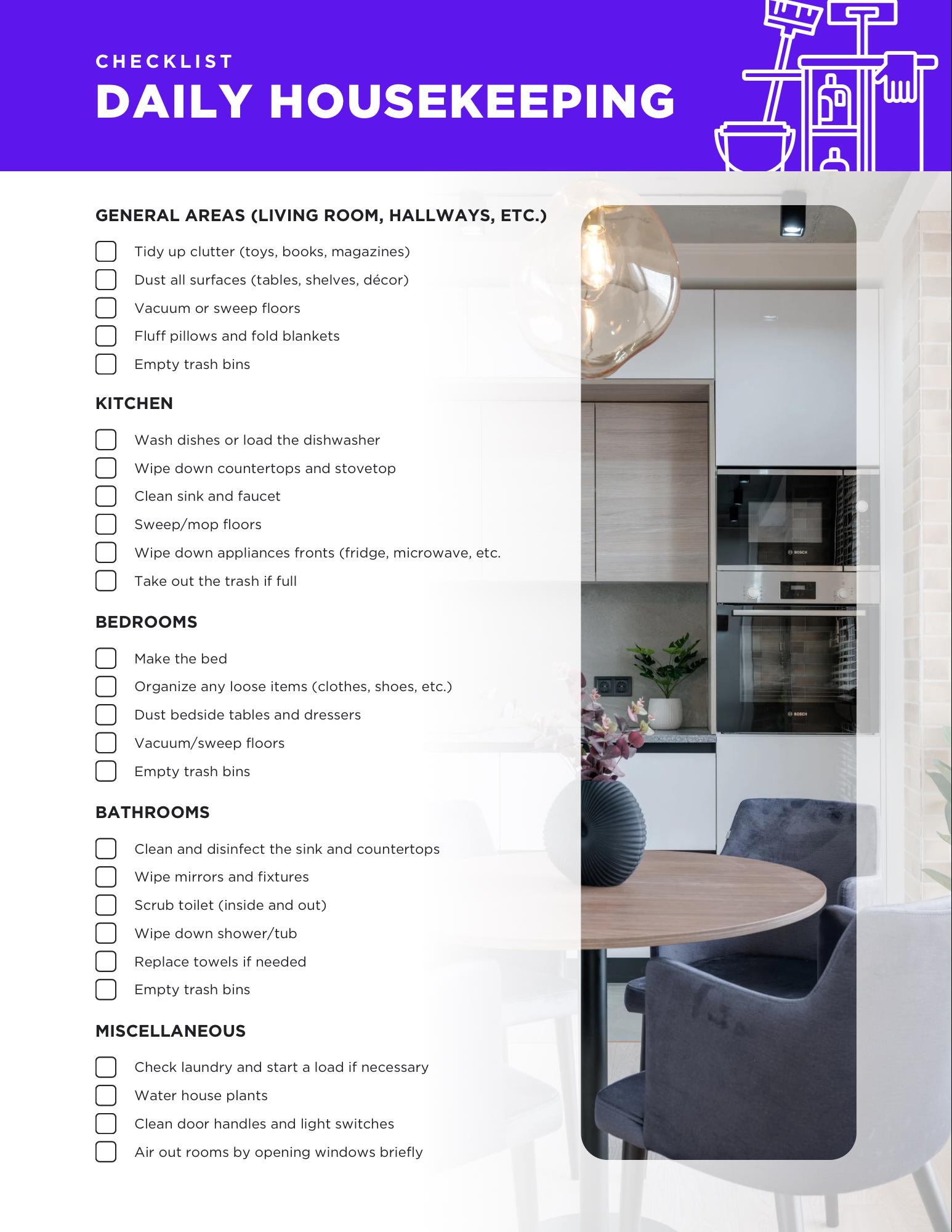 Daily Housekeeping Check List - Etsy