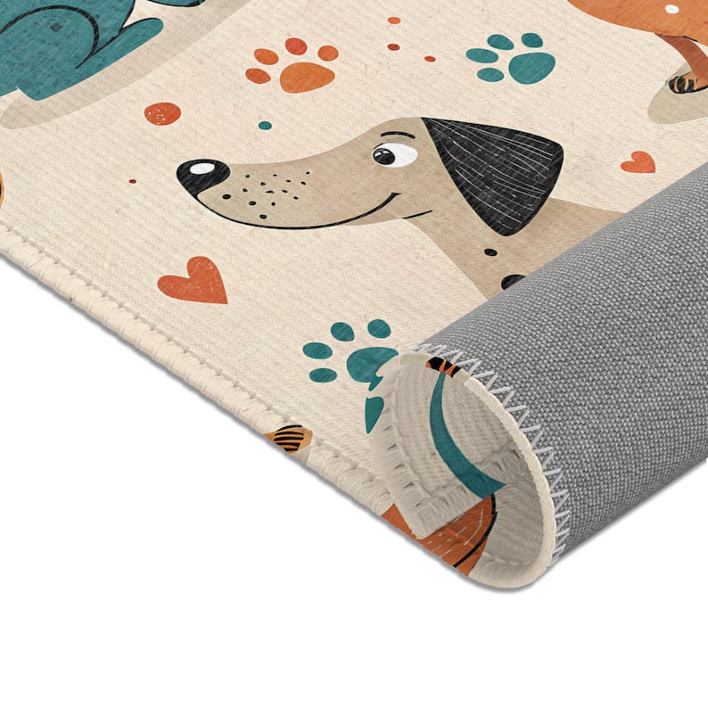 Playful Cartoon Dogs Area Rugs | Paw Print Pattern, Neutral Teal Orange ...