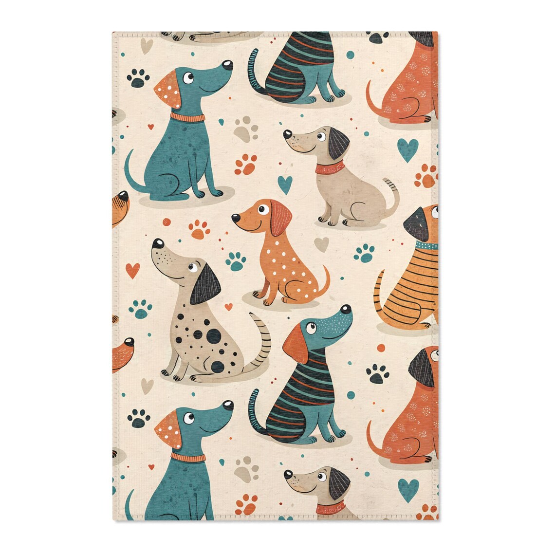 Playful Cartoon Dogs Area Rugs | Paw Print Pattern, Neutral Teal Orange ...