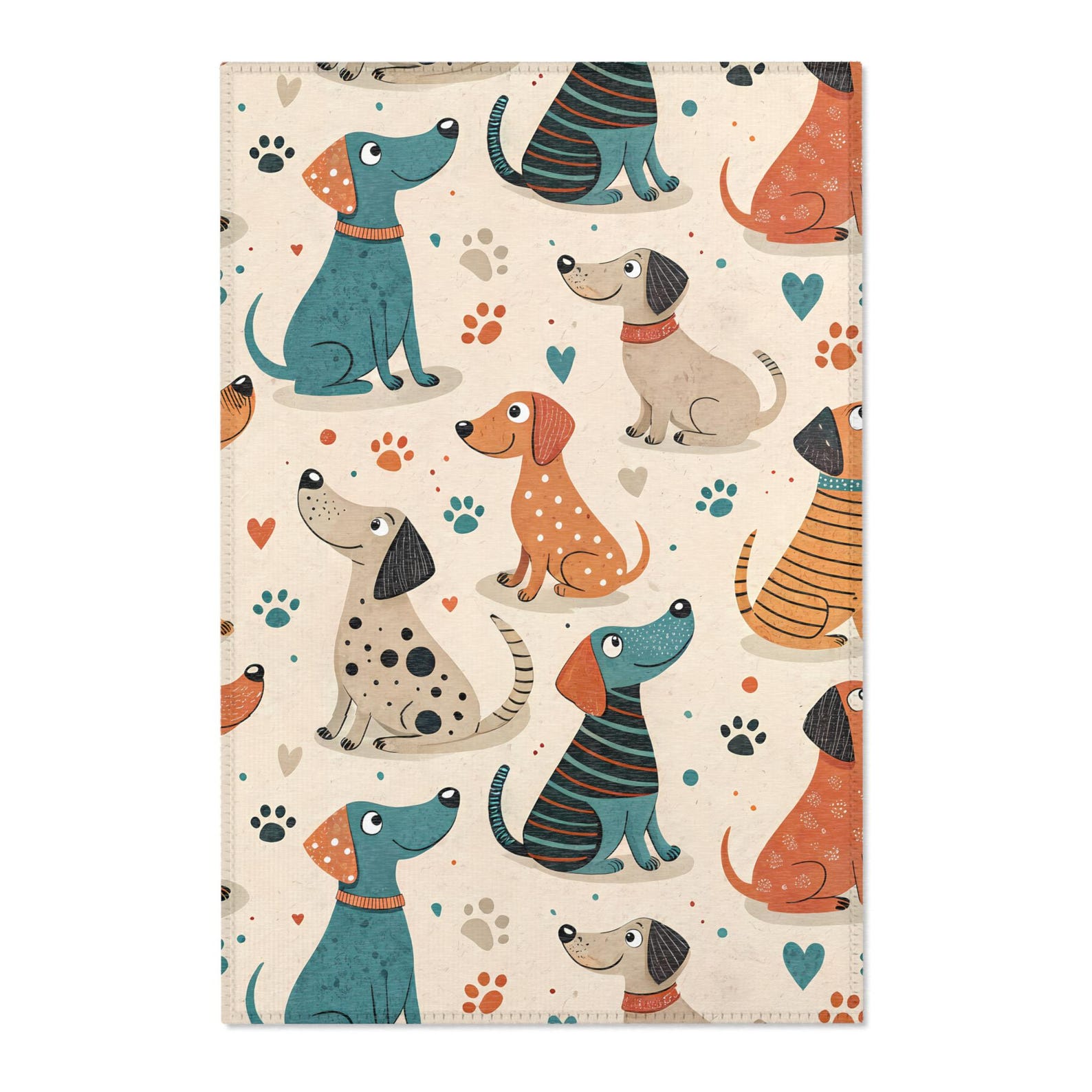 Playful Cartoon Dogs Area Rugs | Paw Print Pattern, Neutral Teal Orange ...