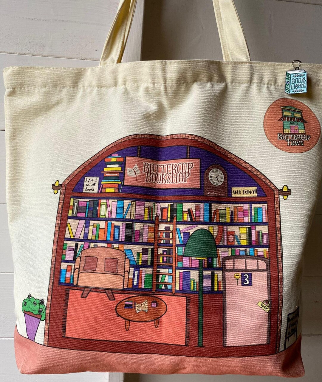 Bookshop Tote Bag With Zipper and Charm, Buttercup Bookshop - Etsy