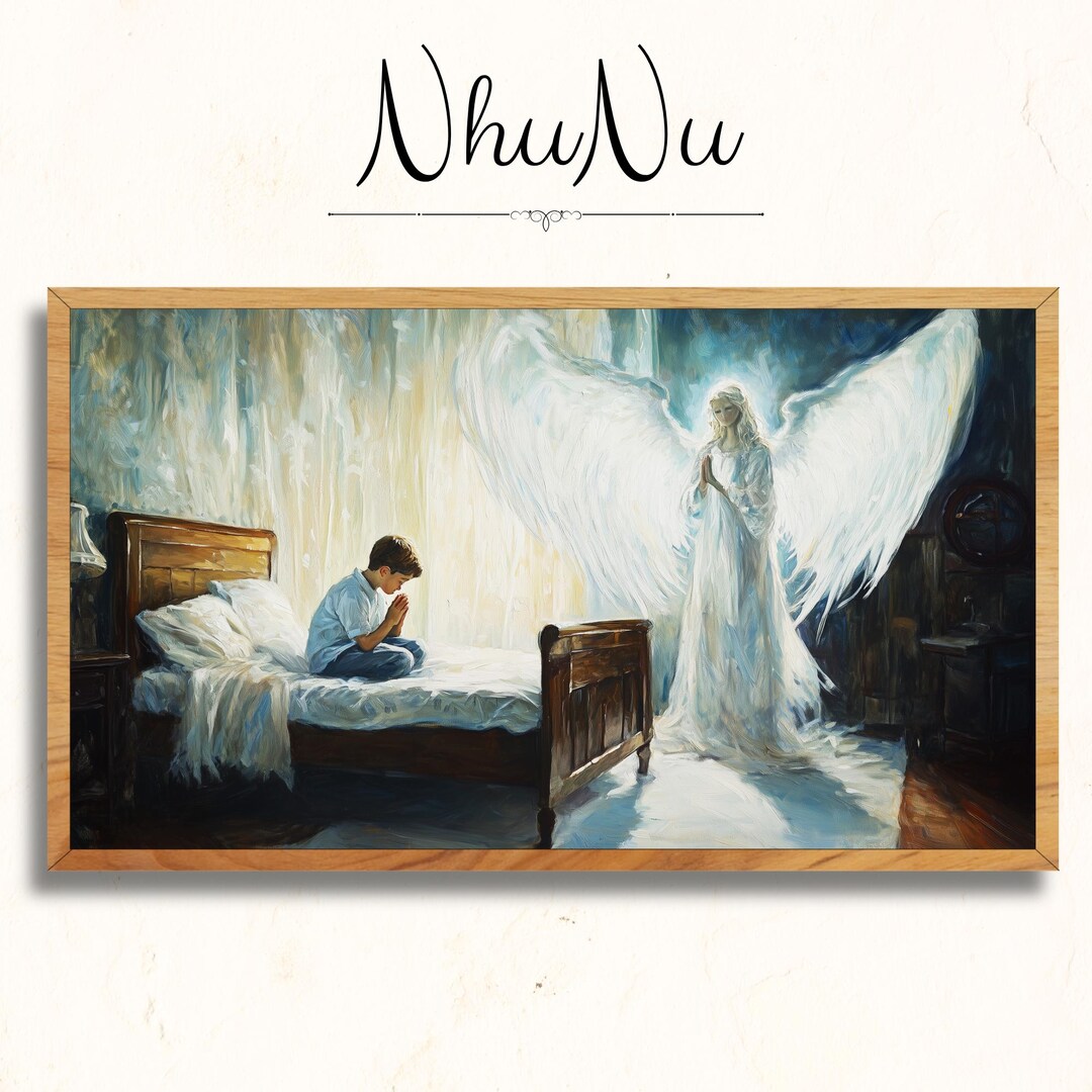 Praying Boy and Angel Oil Painting - Spiritual Bedroom Scene, Angel ...