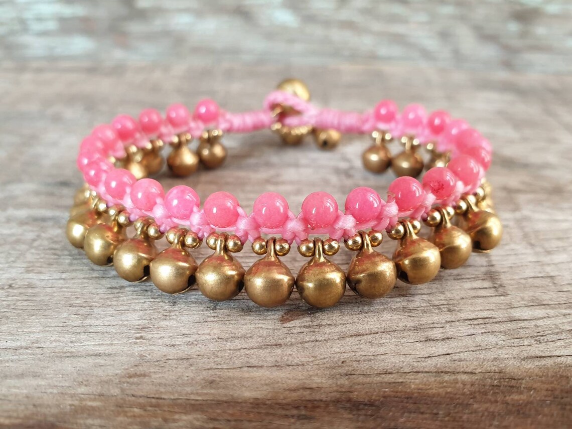 Pink Agate Beaded Brass Bells Sweet Bracelet, Girls Anklet, Sweet ...