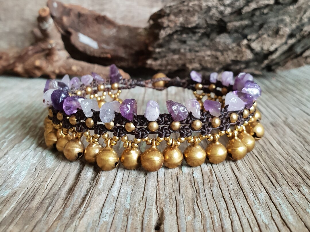 Amethyst Chip Stones Brass Bells Anklet, Women Wedding Anklet, Dance ...