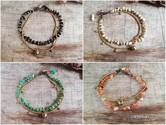 Chip Stones Water Drop Brass Bell Women Anklet Hippie Brass | Etsy