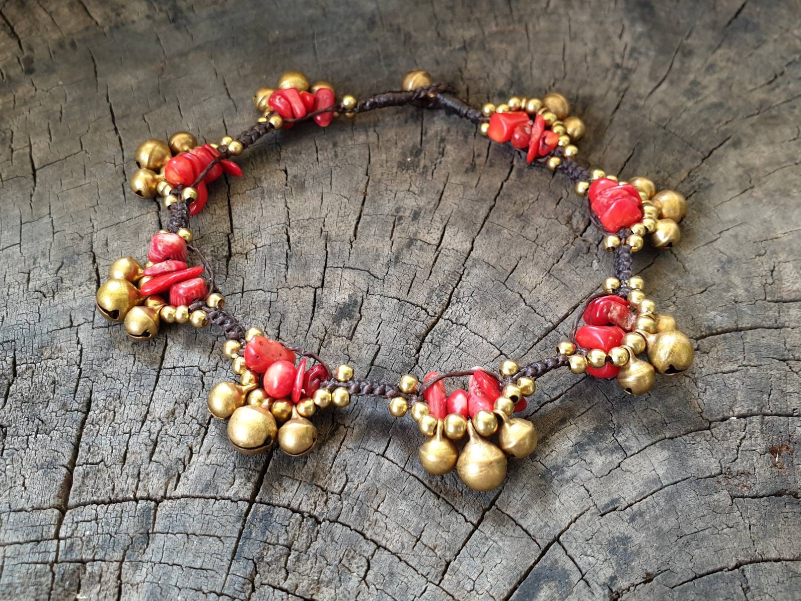 Hippie Chip Stone Brass Bells Anklet, Stone Women Bracelet, for Her ...