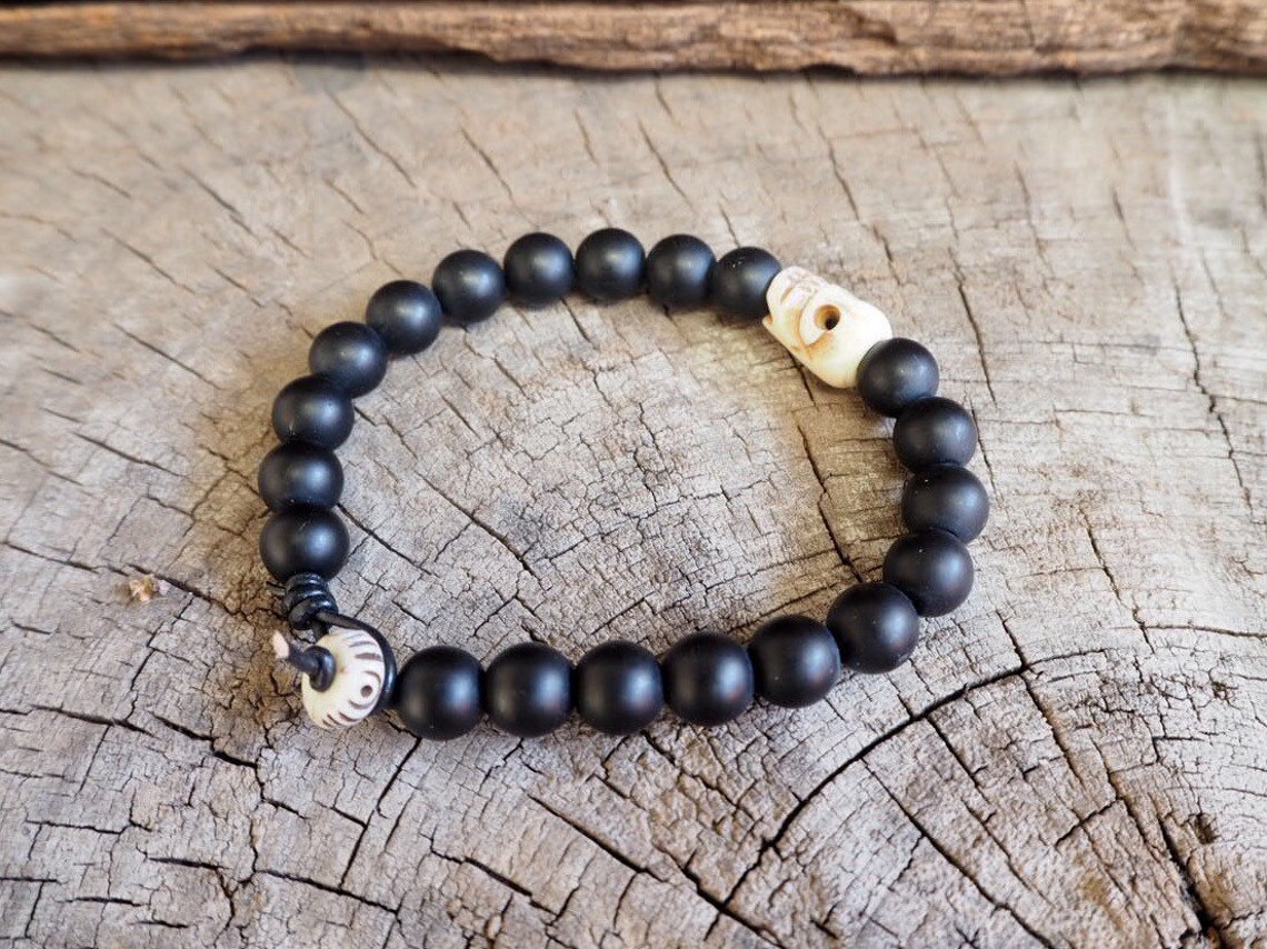 Matte Black Onyx Round Beads Skull Bone Bead Leather Cord | Etsy