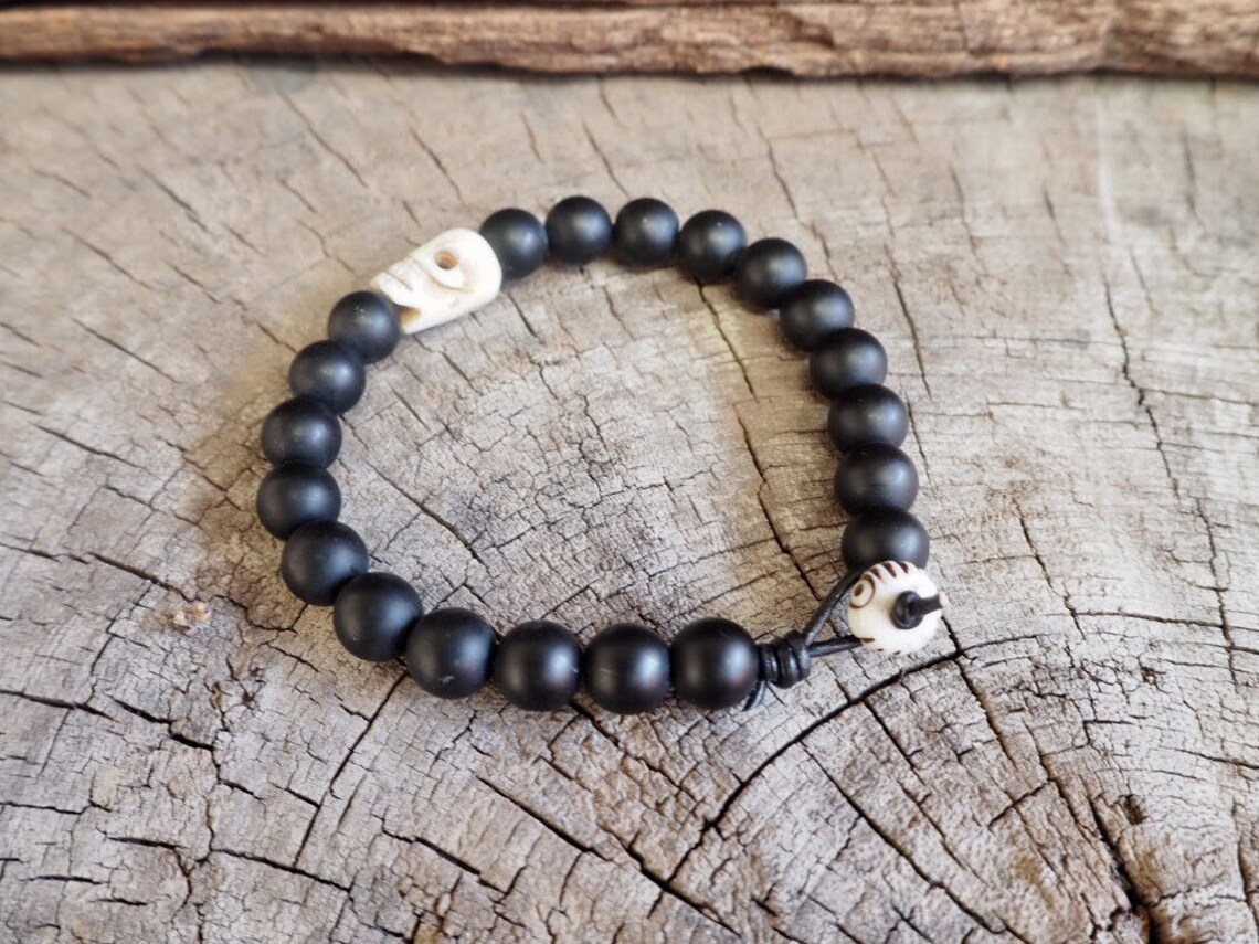 Matte Black Onyx Round Beads Skull Bone Bead Leather Cord - Etsy